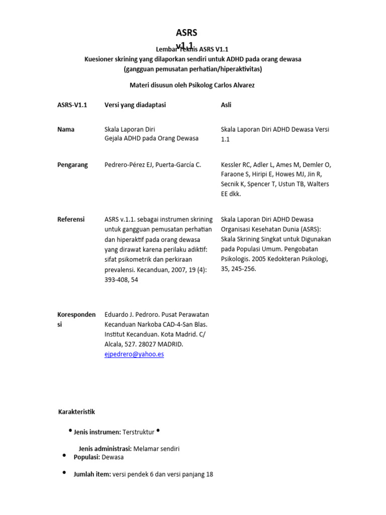 Kuesioner ASRS V1.1 untuk ADHD Dewasa | PDF