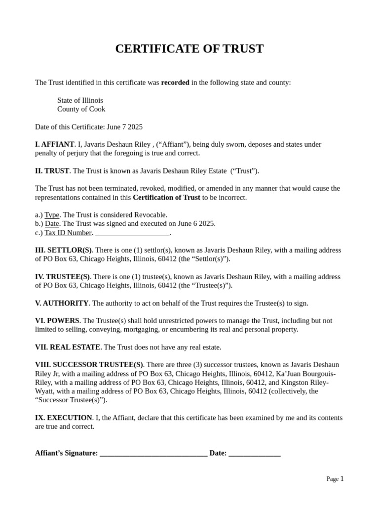 Certificate of Trust | PDF | Affidavit | Legal Documents