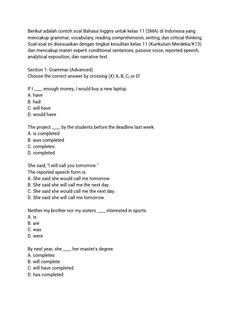 Berikut Adalah Contoh Soal Bahasa Inggris Untuk Kelas 11 (SMA) Di ...