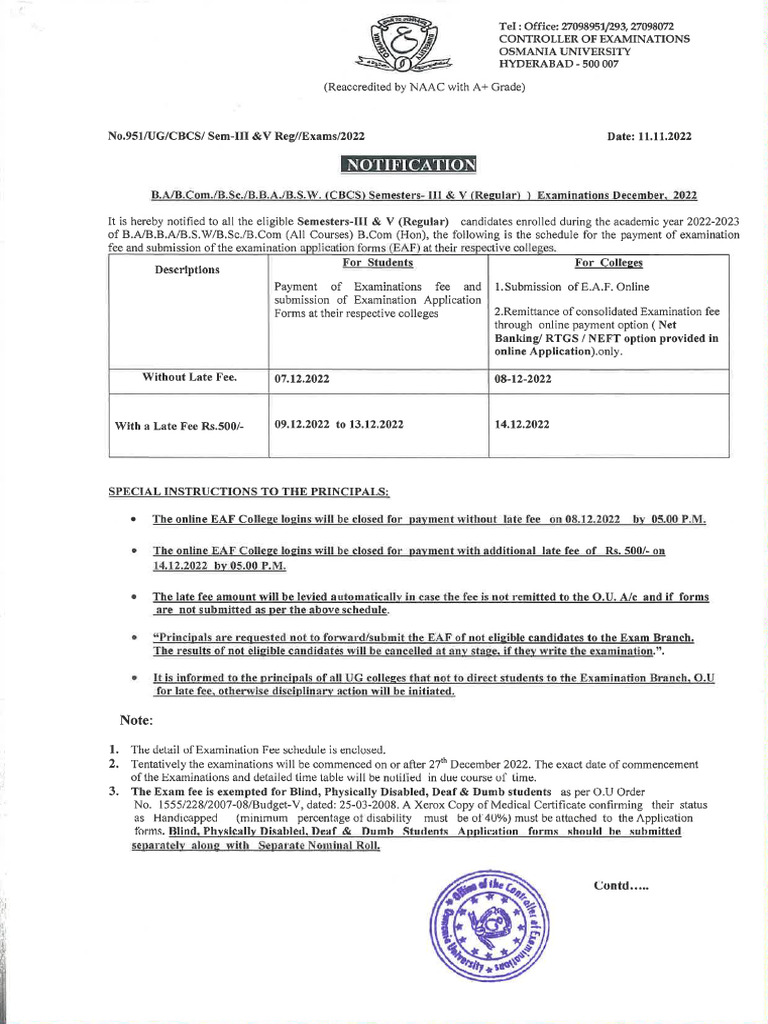 UG 3 & 5th Sem Fee Notification | PDF