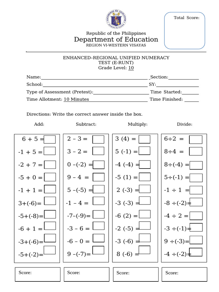 ERUNT Pretest Grade 10 | PDF