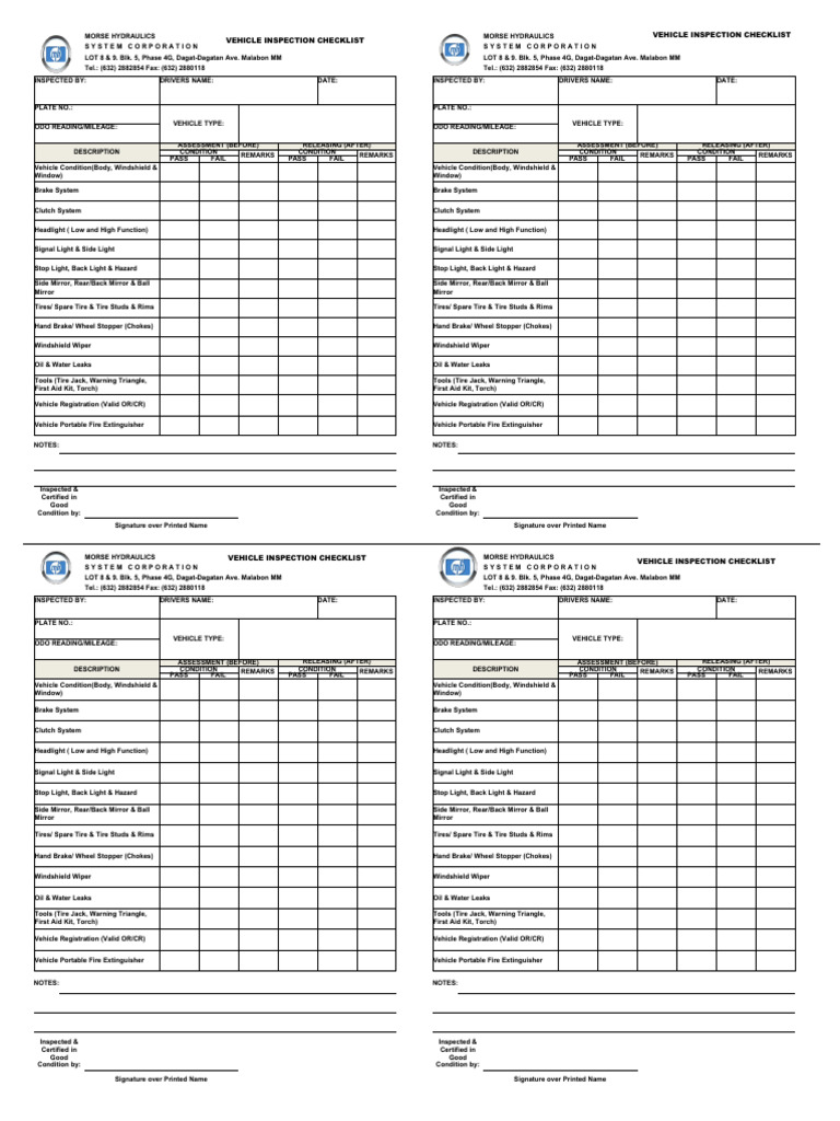 Vehicle Inspection Checklist Template | PDF | Vehicles | Tire