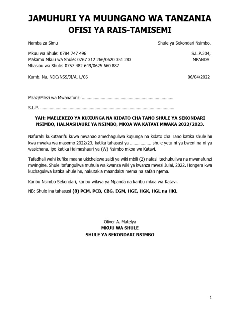 Nsimbo Ss Joining Instruction 2022 | PDF