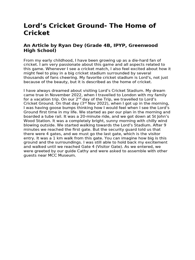 Article From Ryan Dey On Lords Cricket Ground | PDF | The Ashes ...