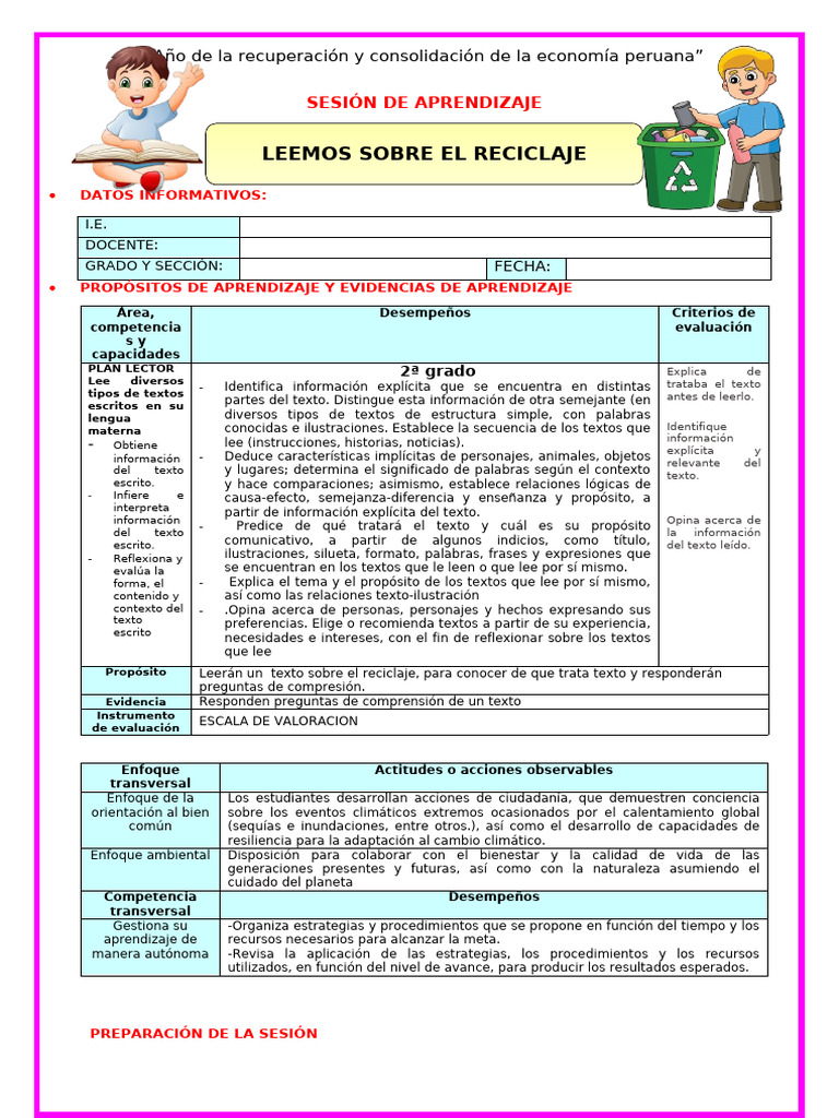 2º u3 s2 Sesion d4 Plan Lector Leemos Sobre El Reciclaje (1) | PDF | Aprendizaje | Información