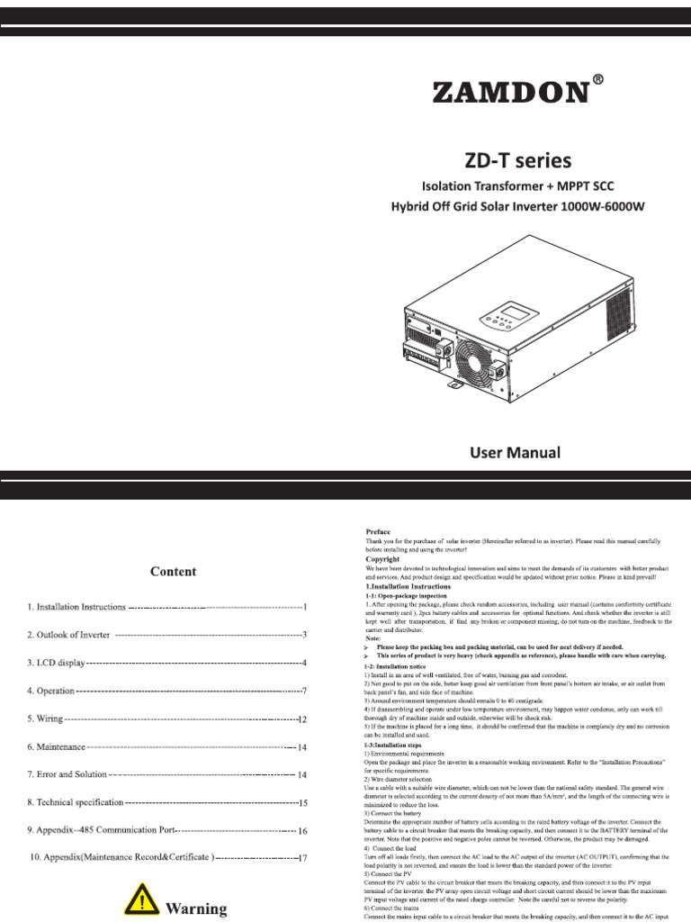 ZD T (1000W 6000W) Hybrid Off Grid Solar Inverter User Manual Zamdon | PDF