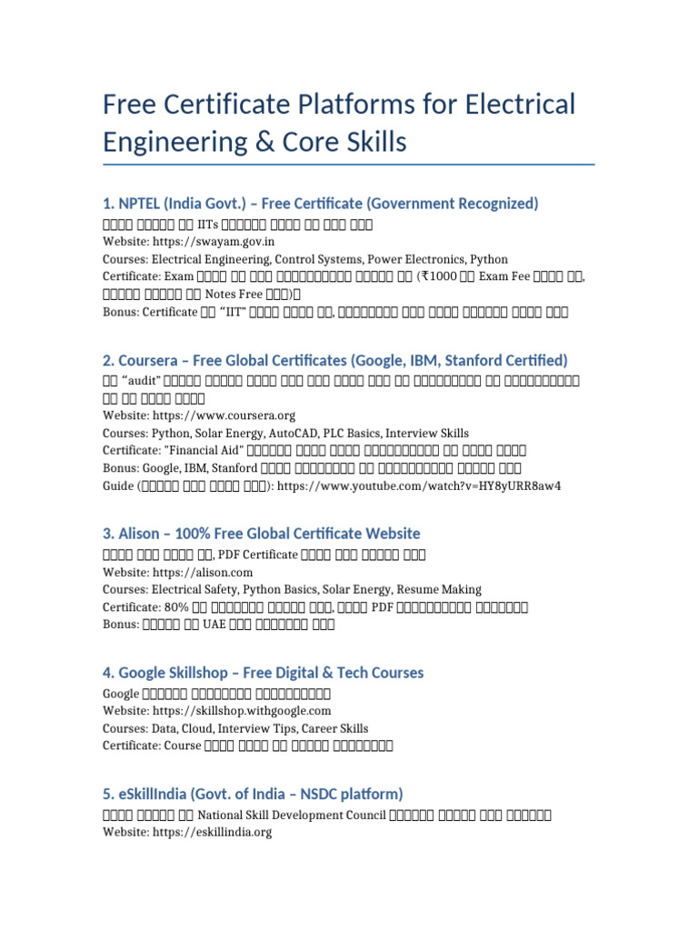 Free Certificates Electrical Engineering Skills | PDF