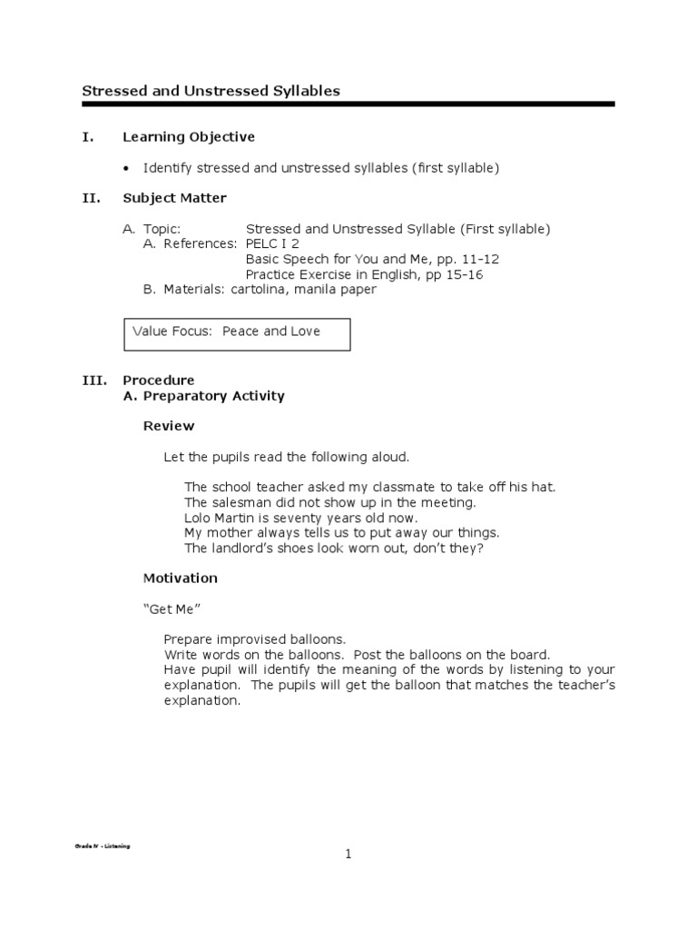 Stressed and Unstressed Syllables | PDF