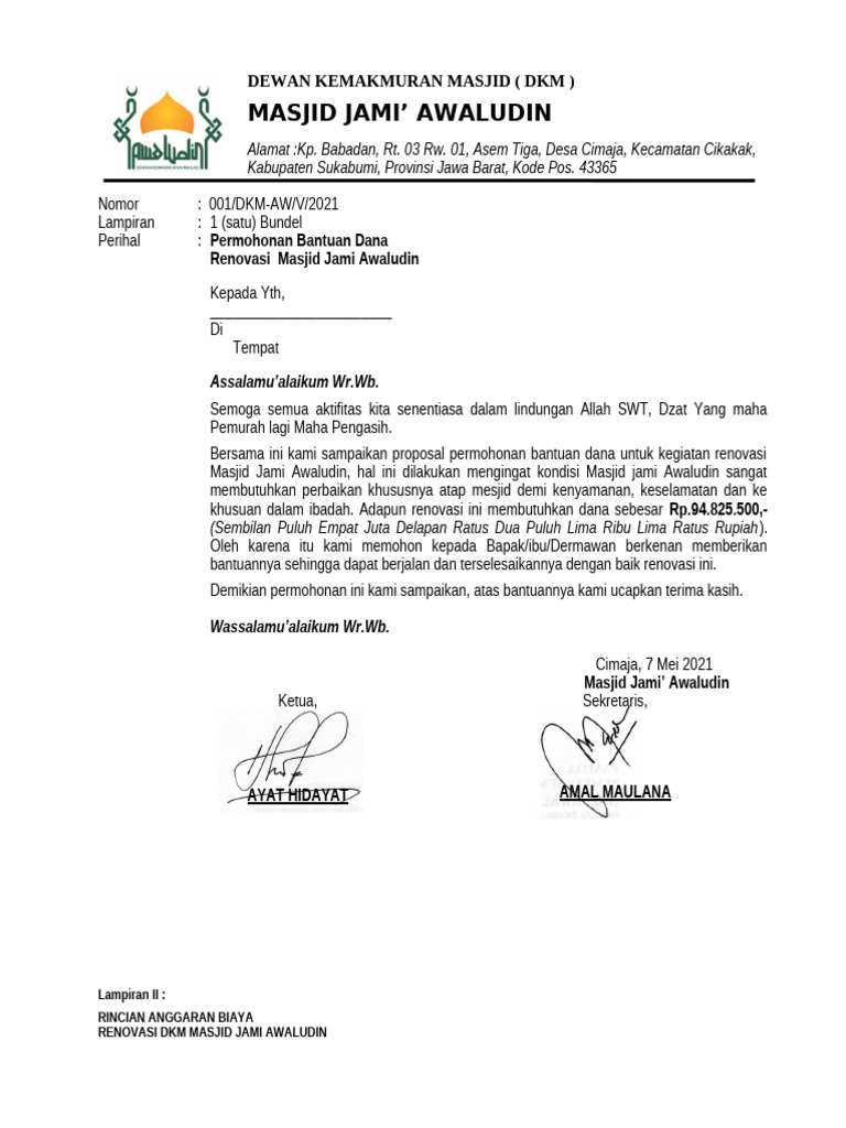 Proposal Rehab Masjid Awaludin Buat H. Dodo | PDF