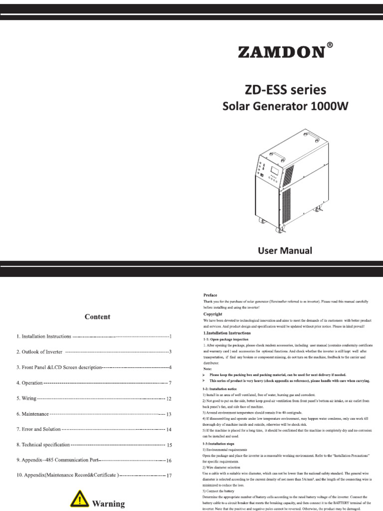 ZD ESS Solar Generator User Manual Zamdon | PDF