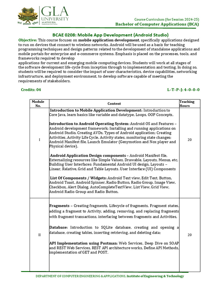 BCAE 0208 Mobile App Development (Android Studio) | PDF | Android (Operating System) | Mobile App