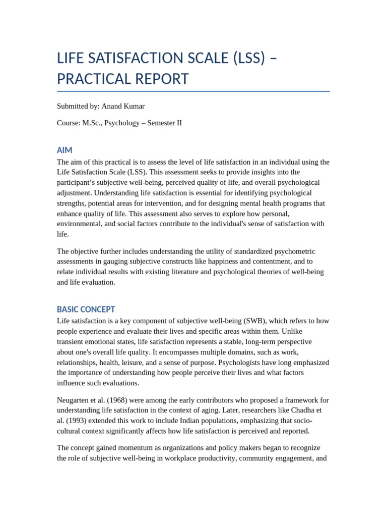 Life Satisfaction Scale Report Expanded Part1 | PDF | Emotions | Mental ...