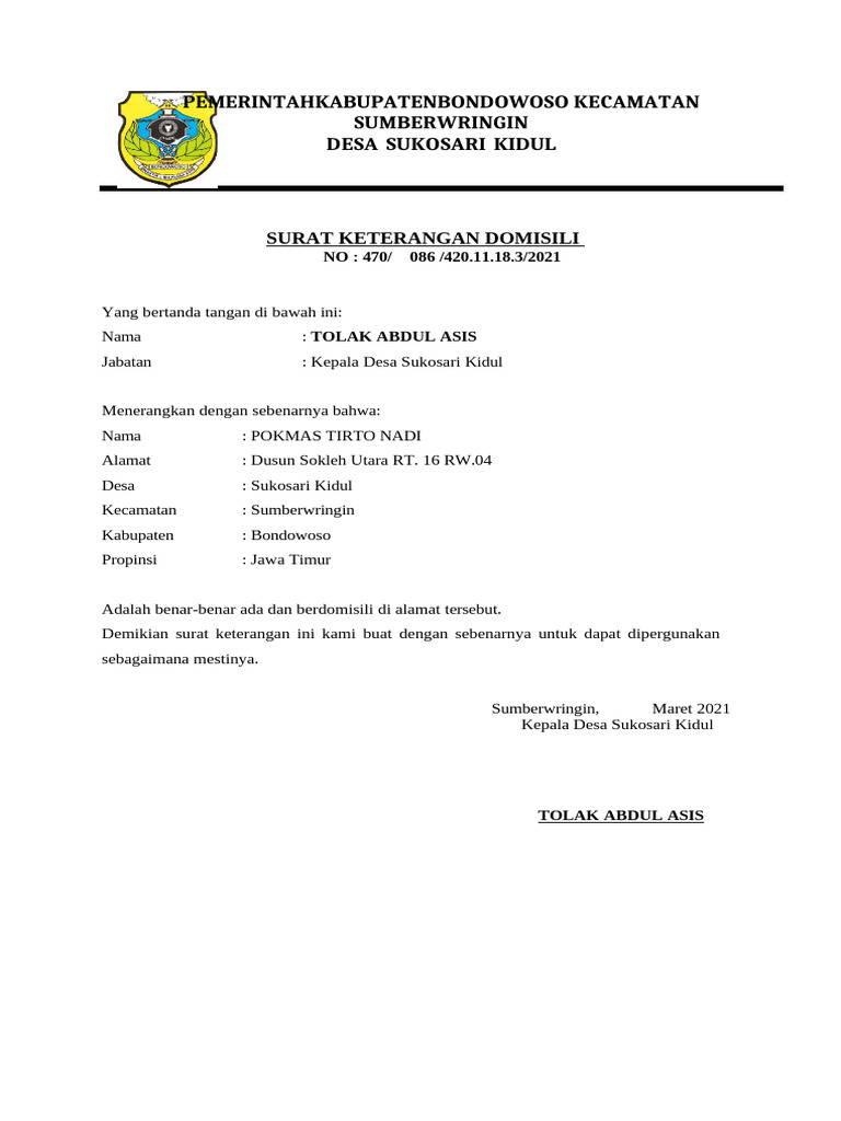 3contoh Surat Domisili Pokmas | PDF