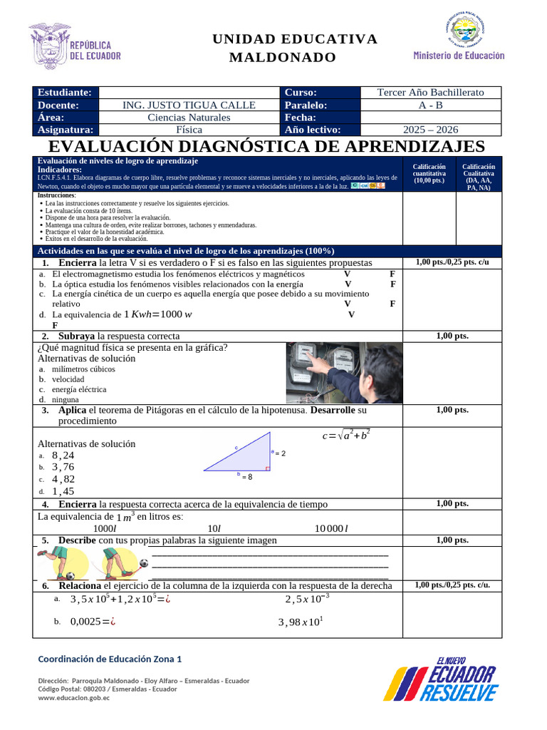 Eval Diagnóstica de Aprendizajes 3ro Bgu Física - Video | PDF | Física | Metrología