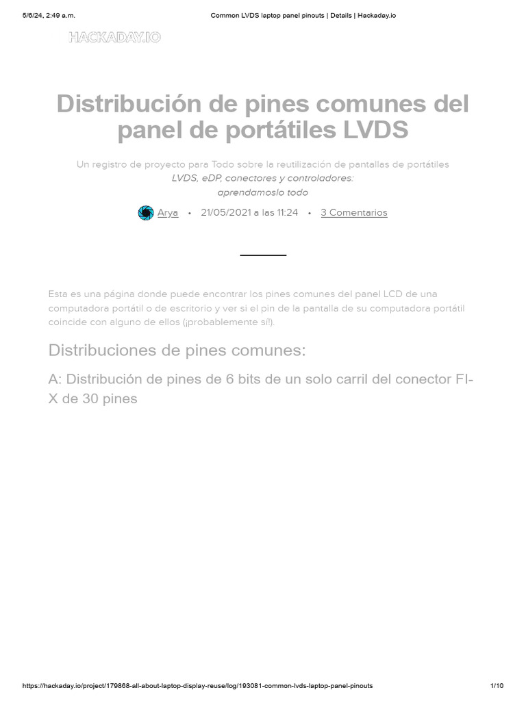 Common LVDS Laptop Panel Pinouts - Details - Hackaday - Io | PDF | Ordenador portátil | Electrónica