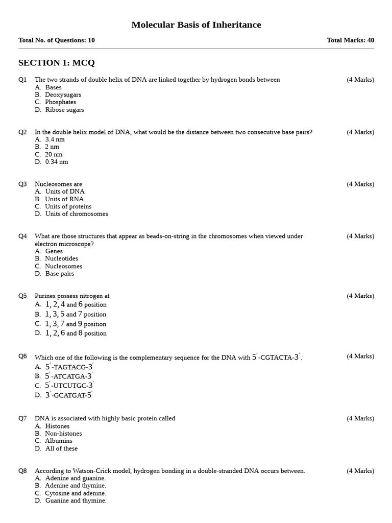 Molecular Inheritance MCQ Questions | PDF