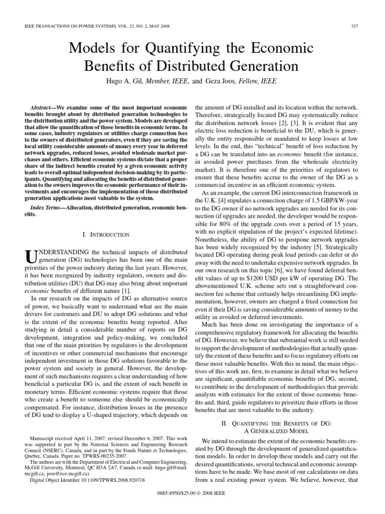 Models For Quantifying The Economic Benefits of Distributed Generation | PDF | Market (Economics ...