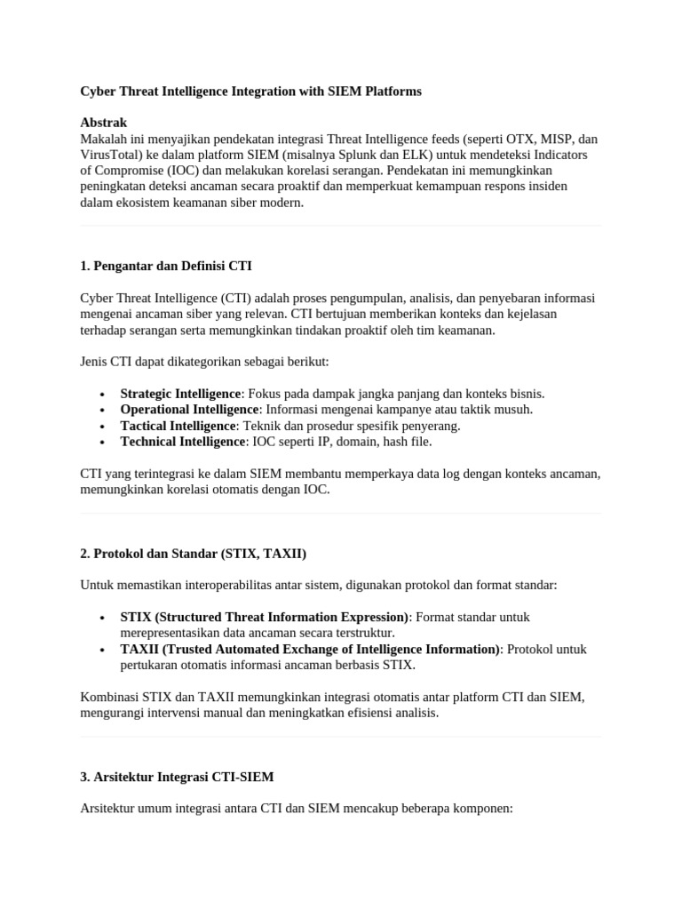 Cyber Threat Intelligence Integration With SIEM Platforms | PDF