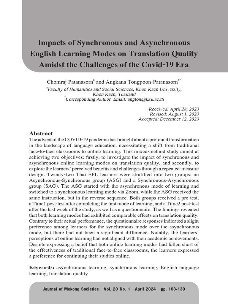 Synchronous and Asynchronous Online Learning-Journal of Mekhong | PDF | Educational Technology ...