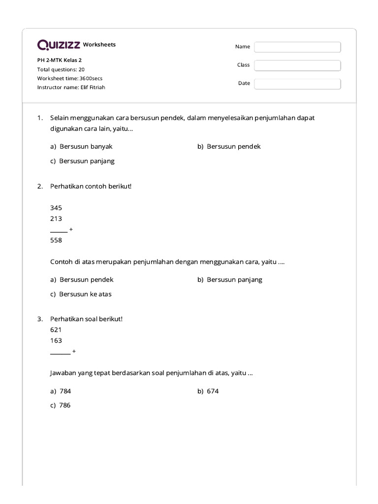 Penjumlahan Bersusun Panjang Kelas 2 | PDF