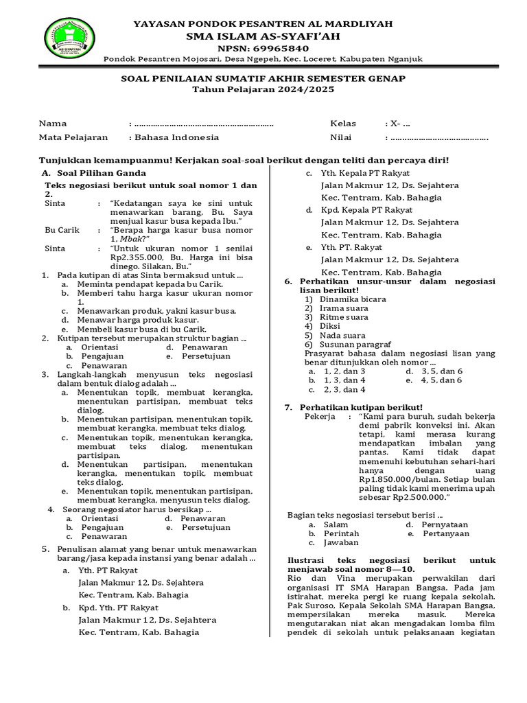 Soal Psas Genap Bin Kelas X | PDF
