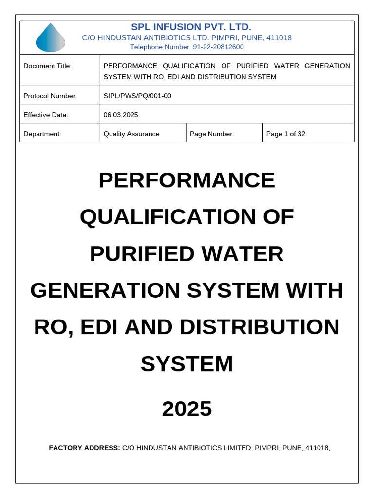 WATER VALIDATION PROTOCOL - Purified Water SPL Pune | PDF | Membrane ...