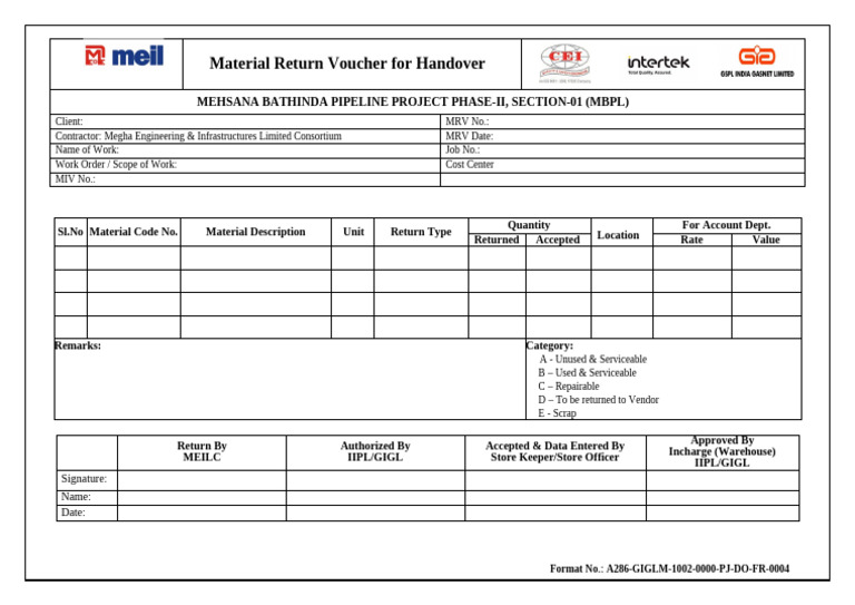 Material Return Voucher Template | PDF