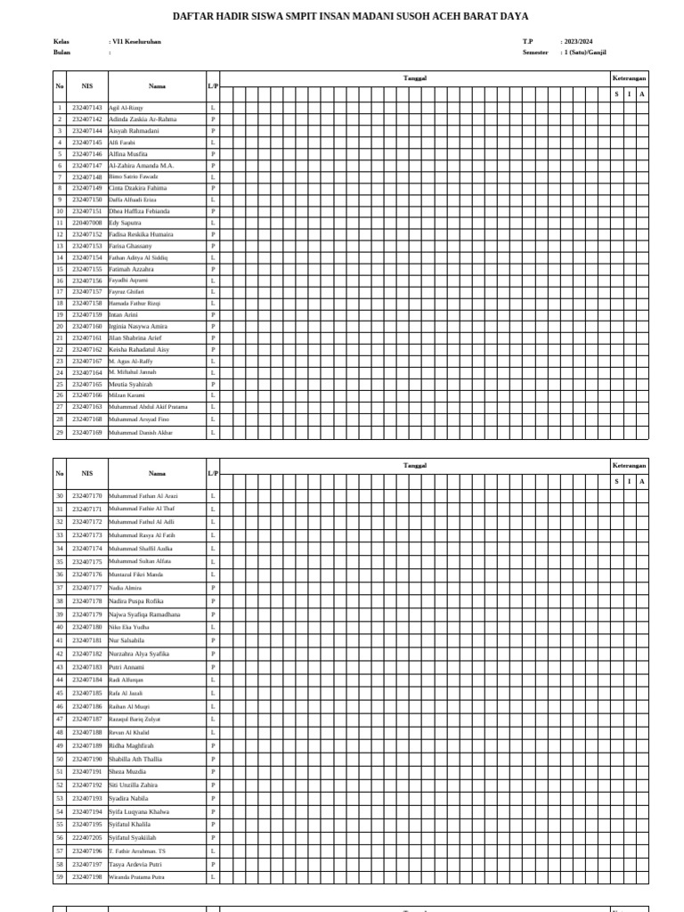 Absen Siswa Kelas VII Putra Dan Putri. 2023-2024 | PDF