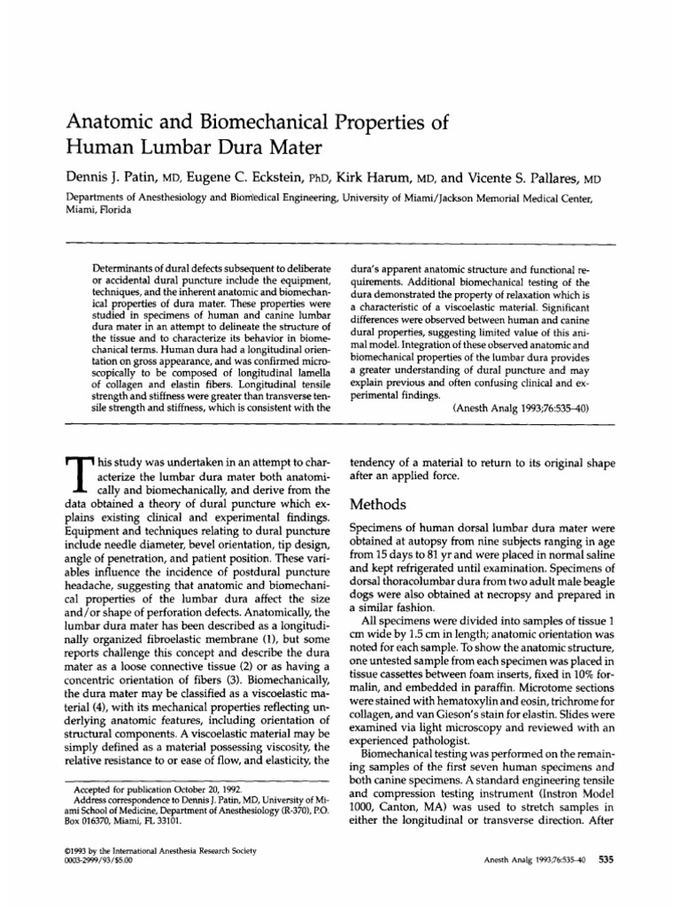 Anatomic and Biomechanical Properties of Dur | PDF | Cerebrospinal ...