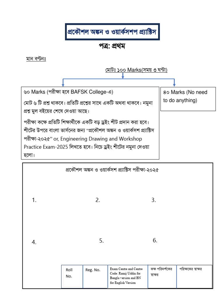 Or, Engineering Drawing and Workshop Practice Exam-2025: Roll No. Reg ...