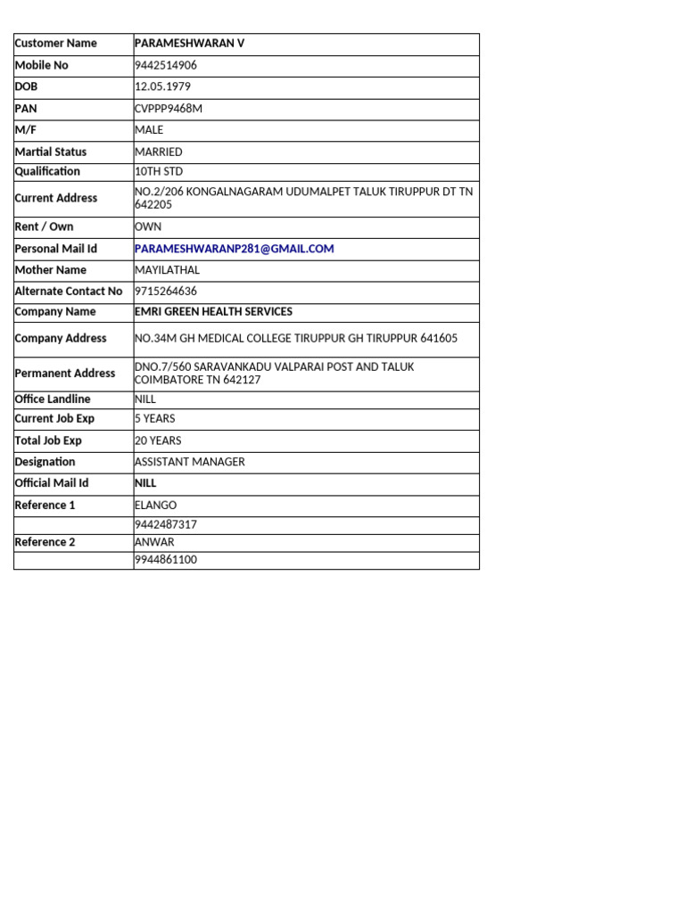 Parameshwaran V Details Sheet | PDF