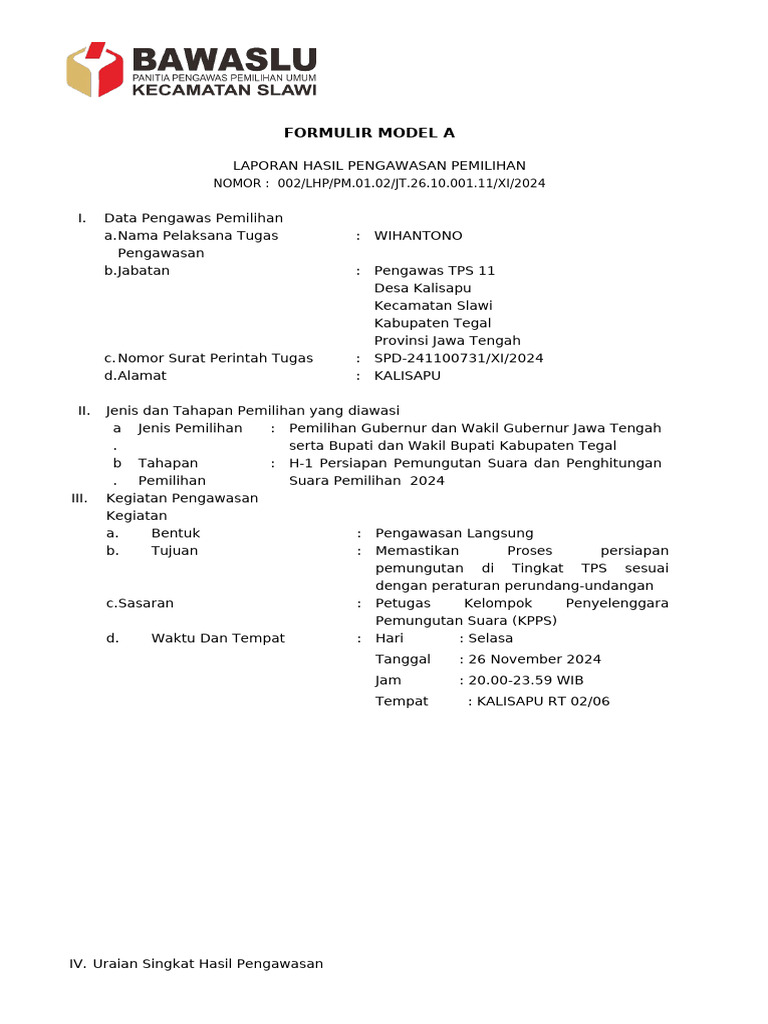 2. Form a Pengawasan Pilkada 2024 - (H-1 Persiapan Pemungutan & Penghitungan Suara) | PDF