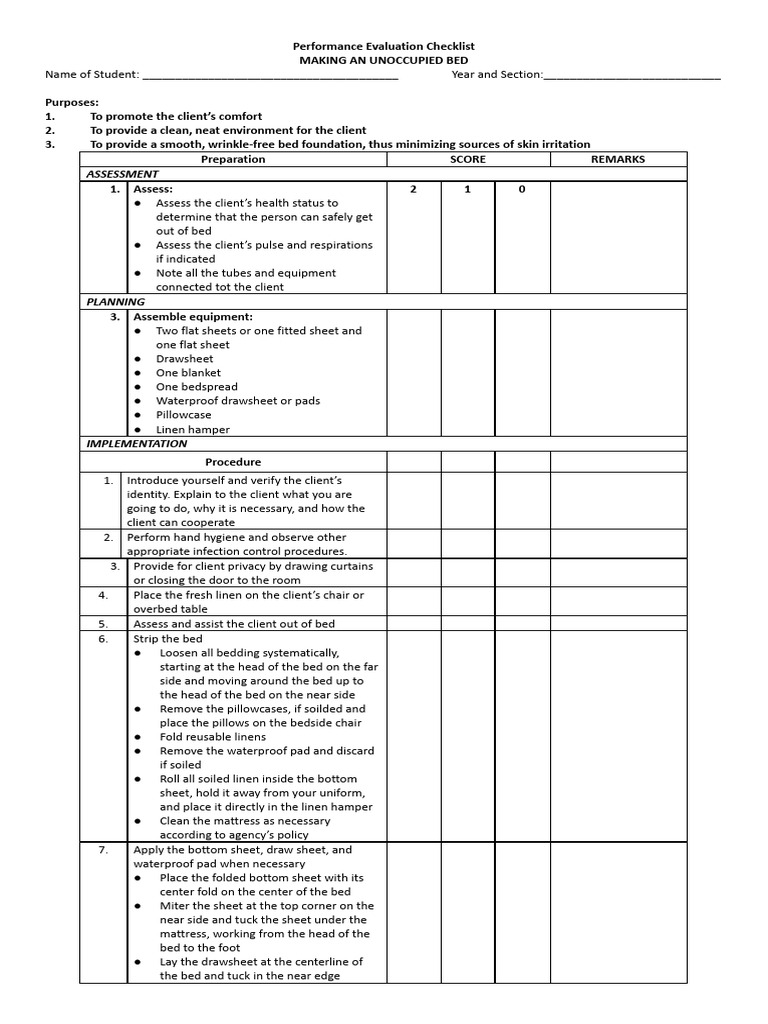 Bedmaking Skills Checklist | PDF | Bed | Bedding