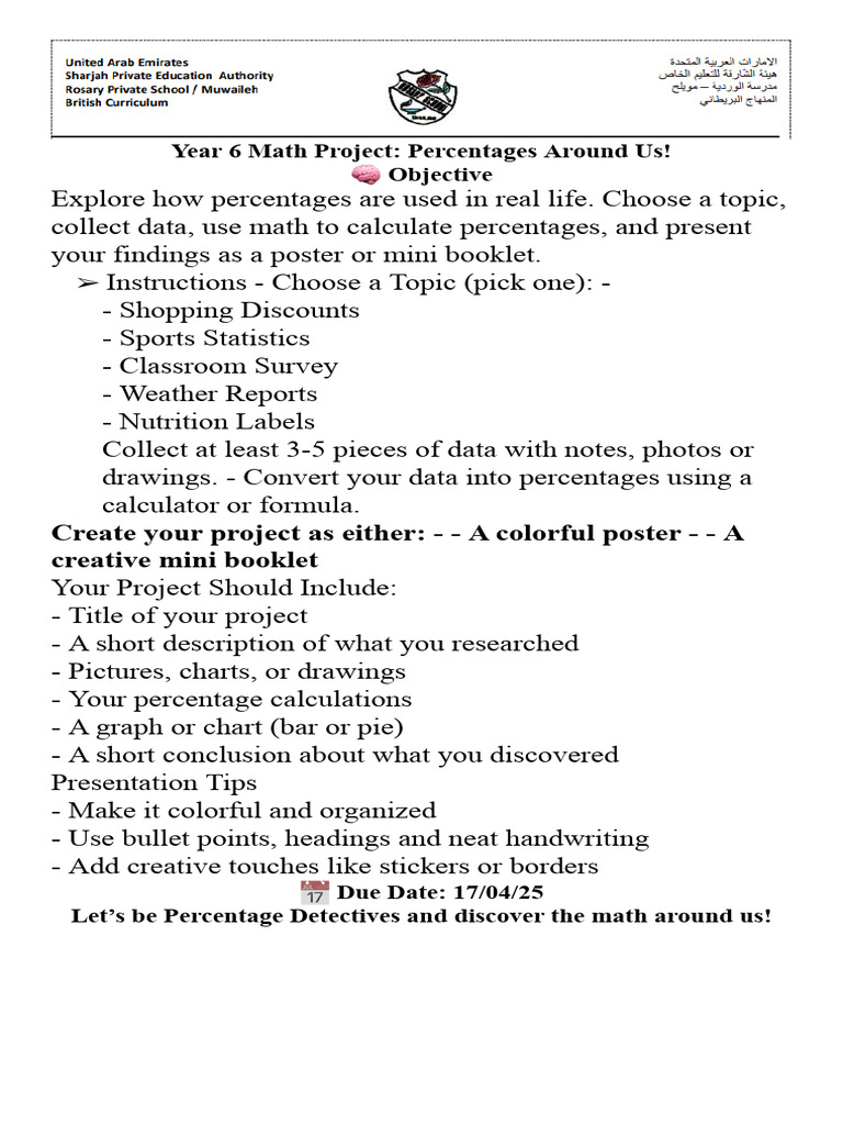 Year 6 Math Project: Percentages Around Us! Objective | PDF