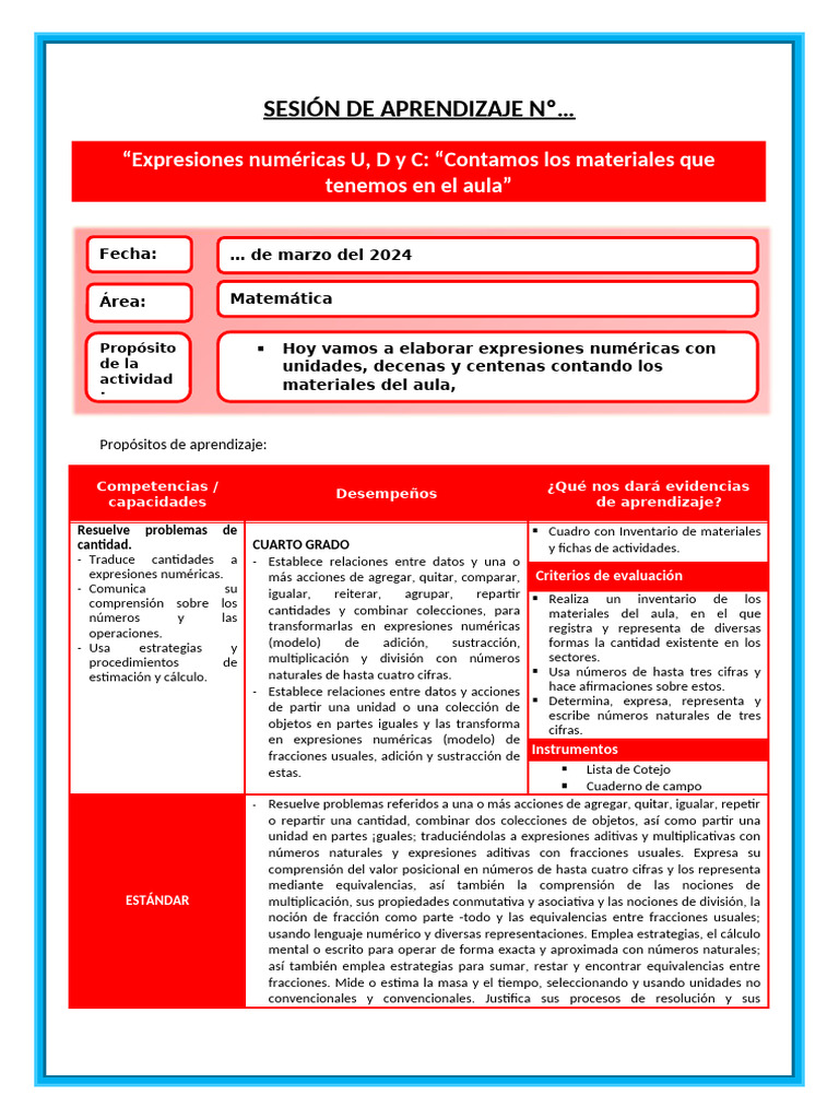 Expresiones Numéricas en Cuarto Grado | PDF | Salón de clases ...