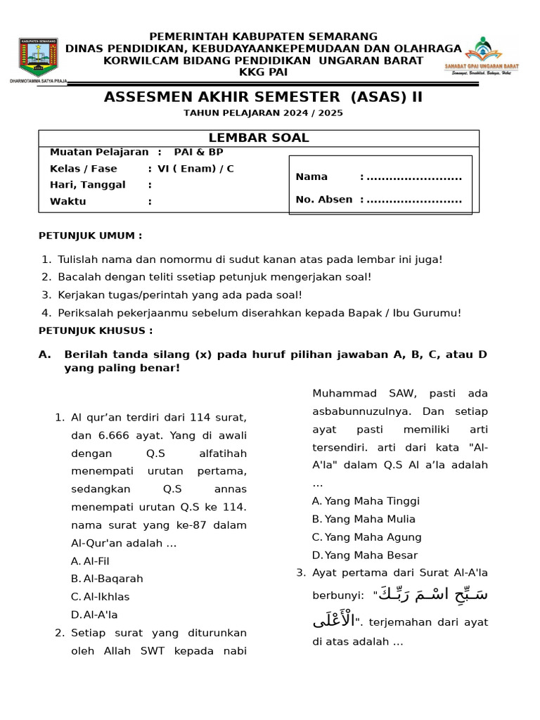 Soal Asesmen Akhir Kelas 6 Pai Fix | PDF