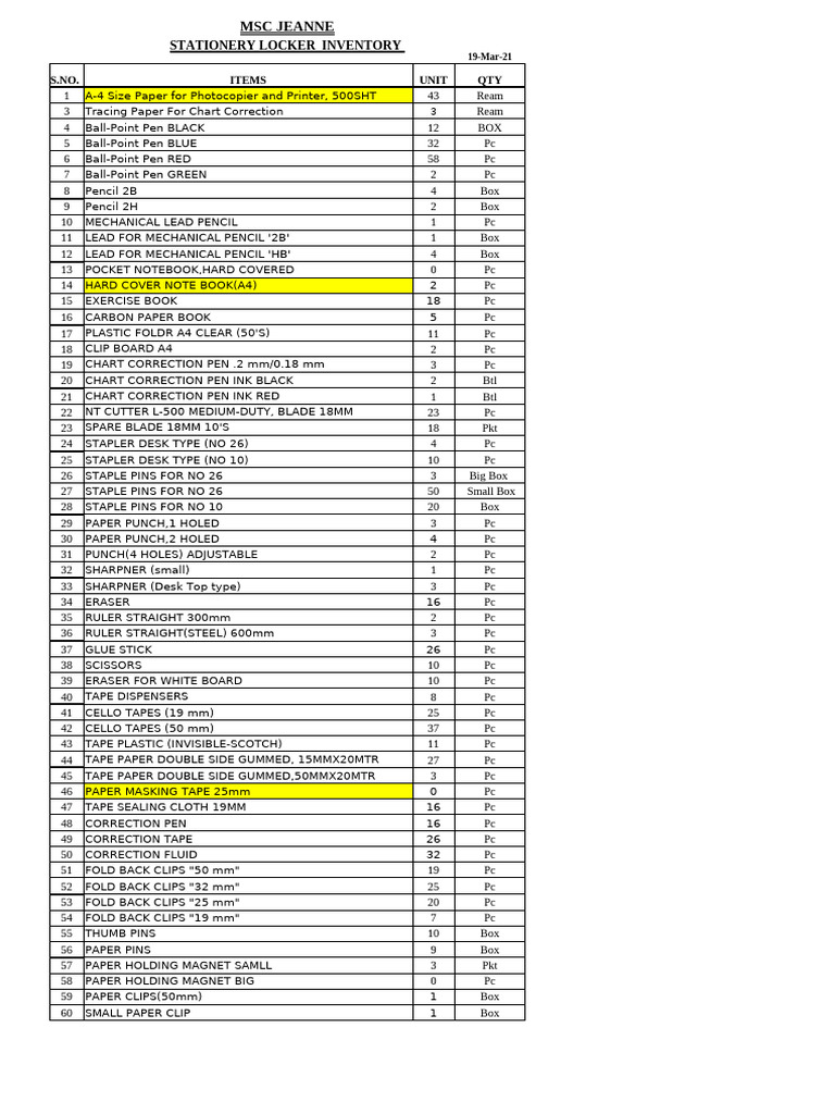 Stationary Locker Inventory | PDF | Personal Computers | Pencil