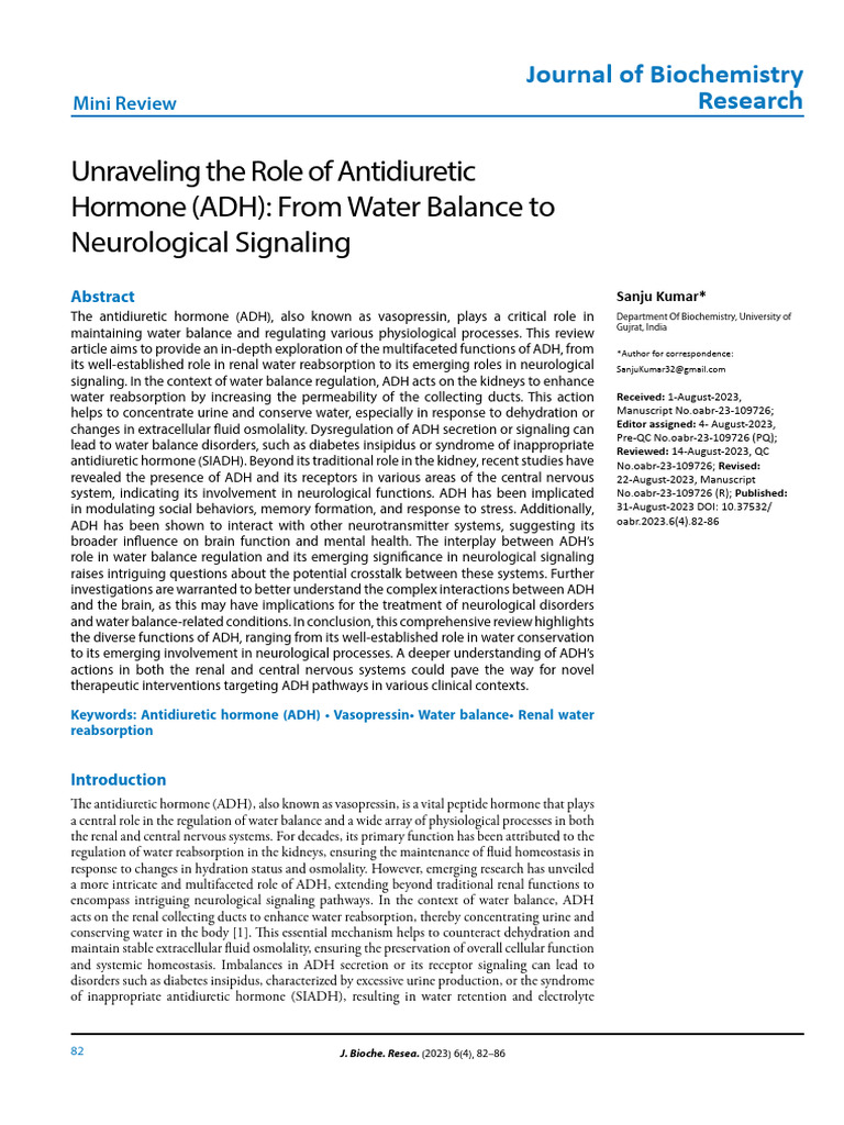 Unraveling The Role of Antidiuretic Hormone Adh From Water Balance To Neurological Signaling ...