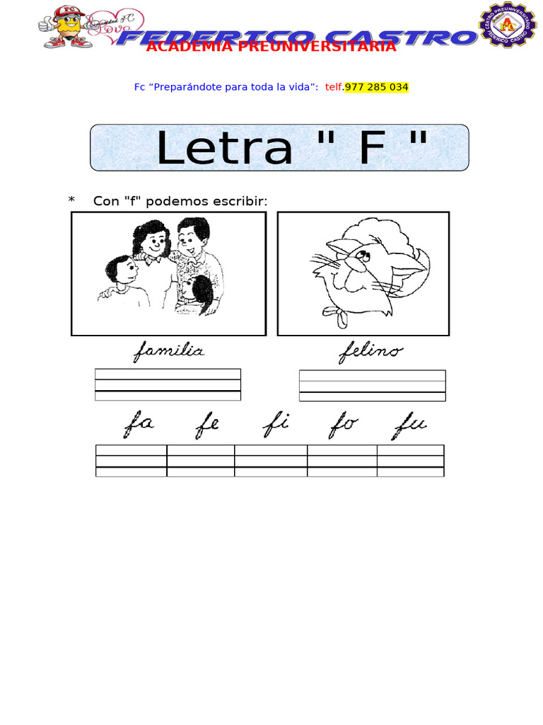 Ficha de La Letra F para Primero de Primaria | PDF