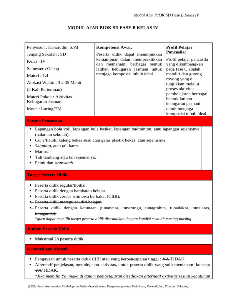 Modul Ajar PJOK Kls 4 Aktivitas Kebugaran Jasmani | PDF