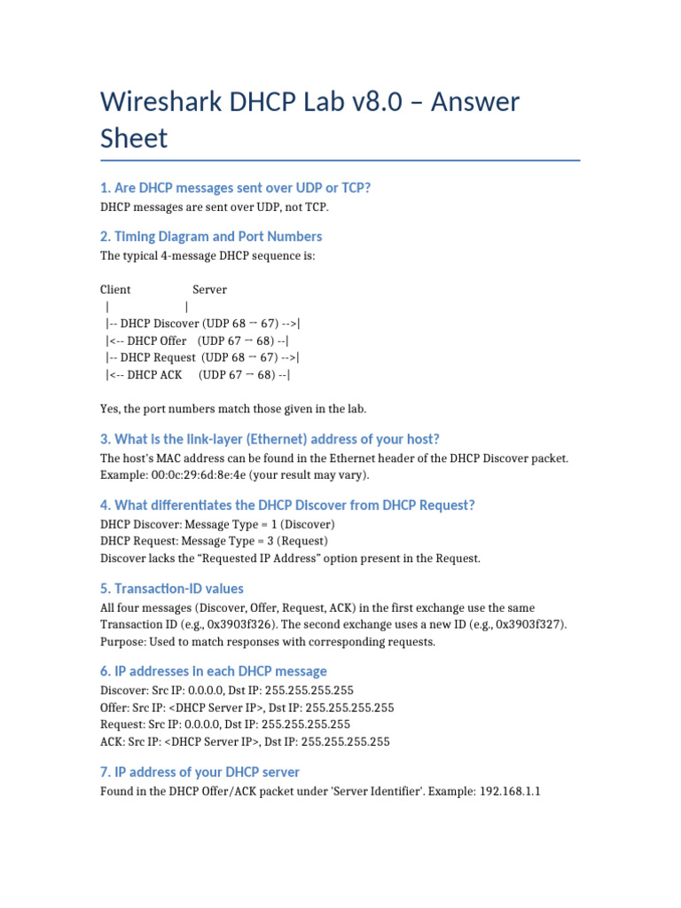 Wireshark DHCP Lab Answers | PDF | Ip Address | Transmission Control Protocol