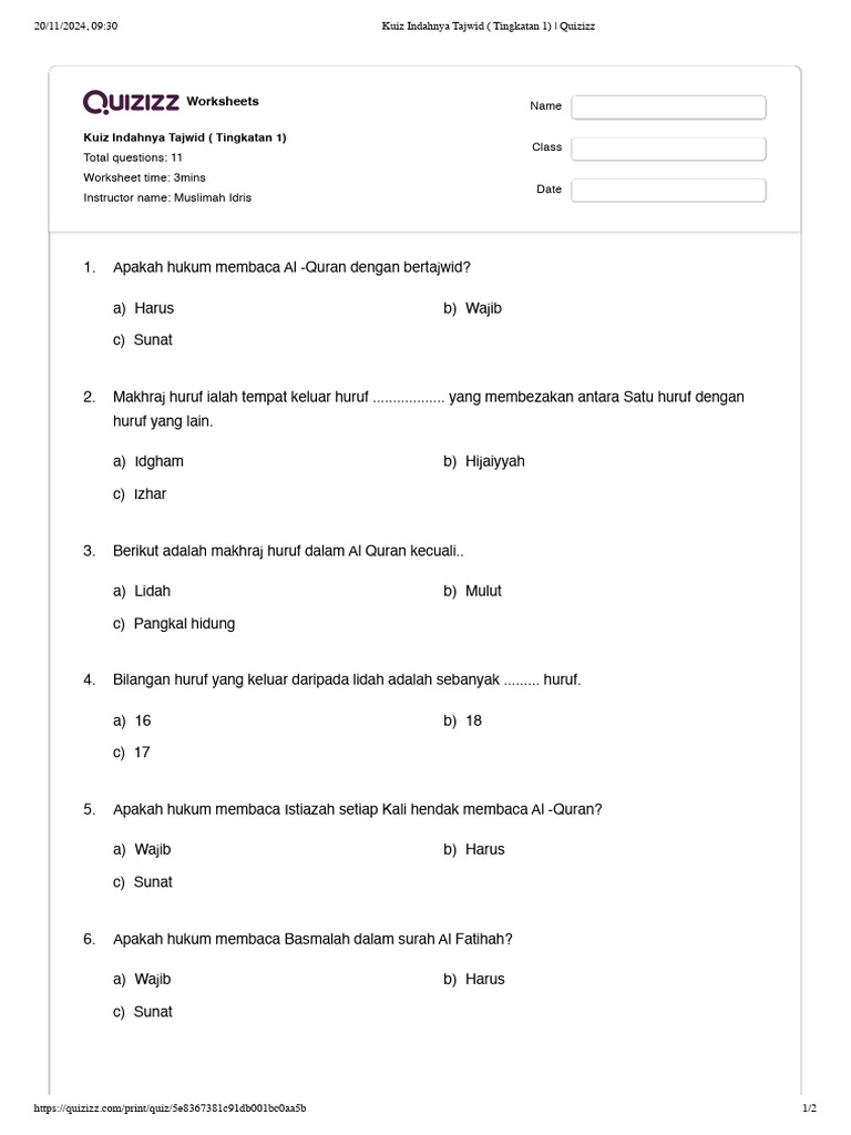 Kuiz Indahnya Tajwid | PDF