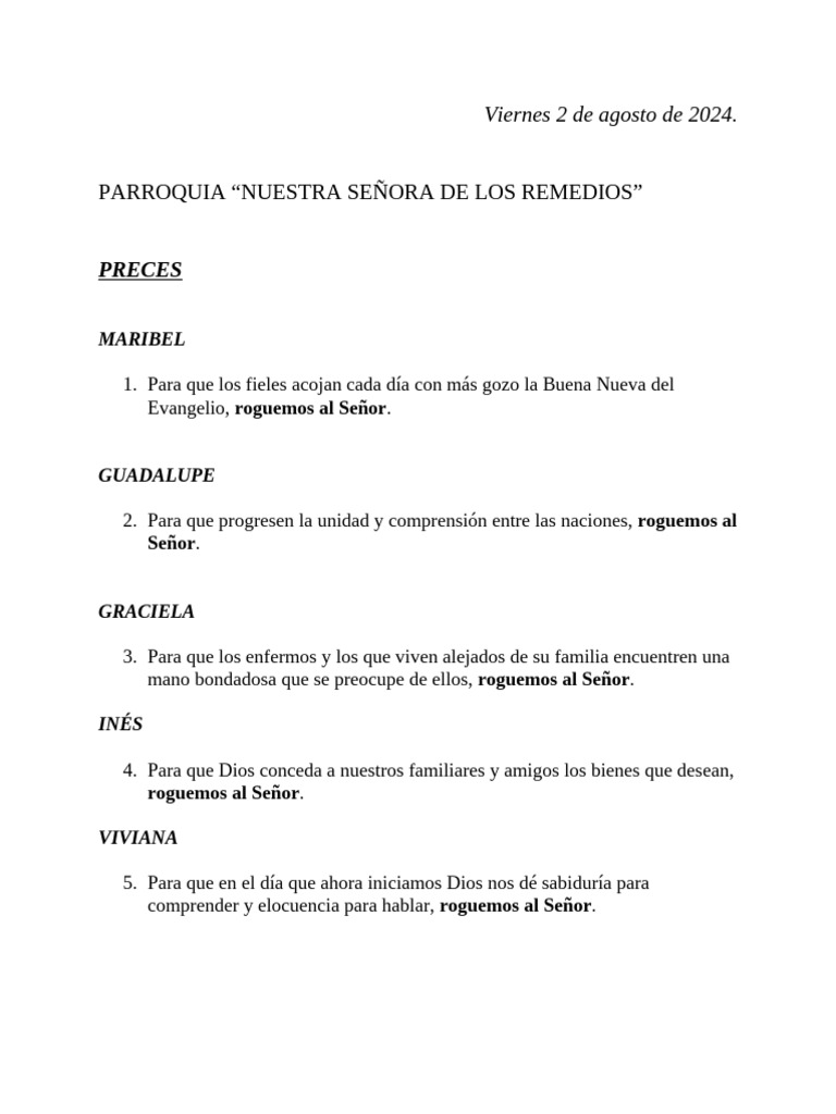 Preces del 2 de agosto de 2024 | PDF