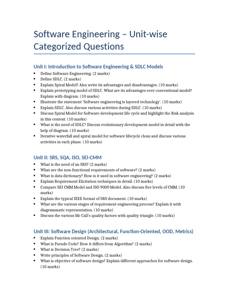 Software Engineering Unitwise Questions | PDF | Technology Development | Software Engineering