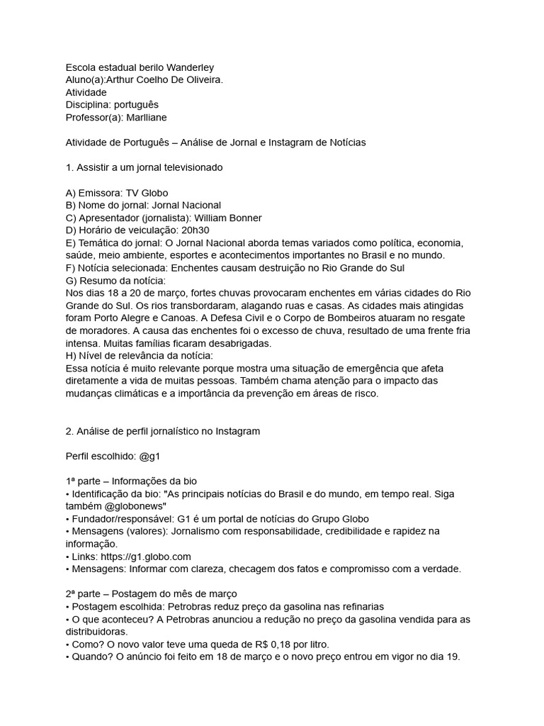 Escola Estadual Berilo Wanderley Atividade de Português Arthur Coelho 2 Ano B | PDF | Jornalismo ...