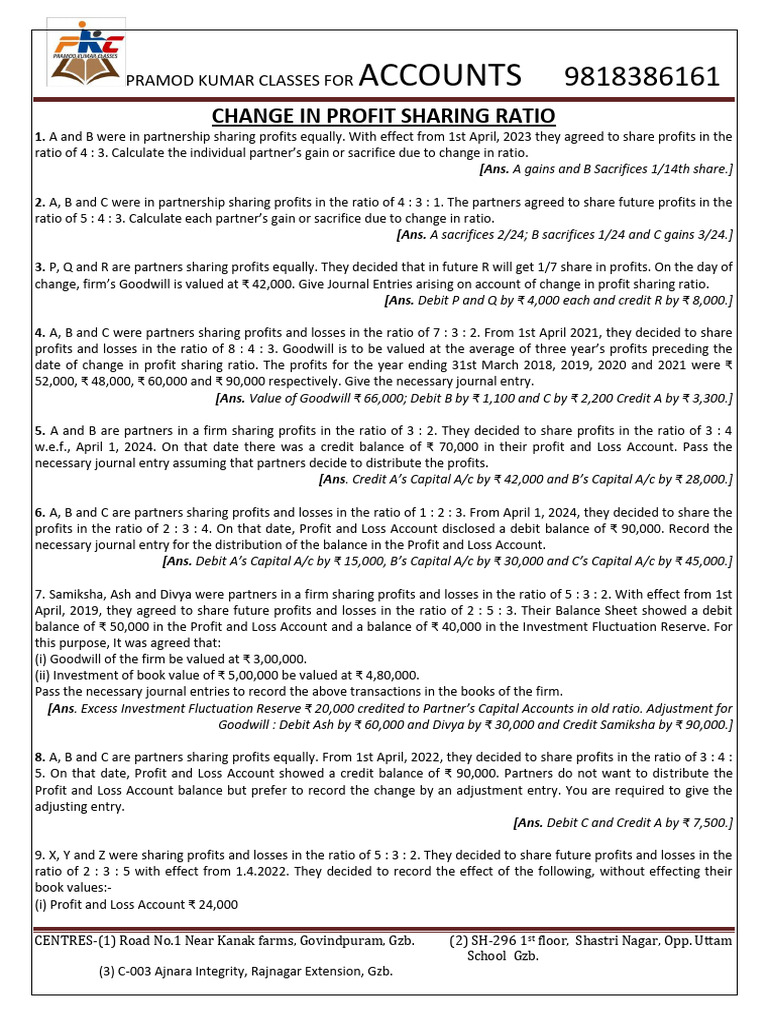 Change in Profit Sharing Ratio | PDF | Debits And Credits | Goodwill ...