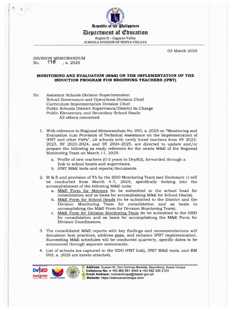 DM No. 115 S. 2025 Monitoring and Evaluation Me On The Implementation ...
