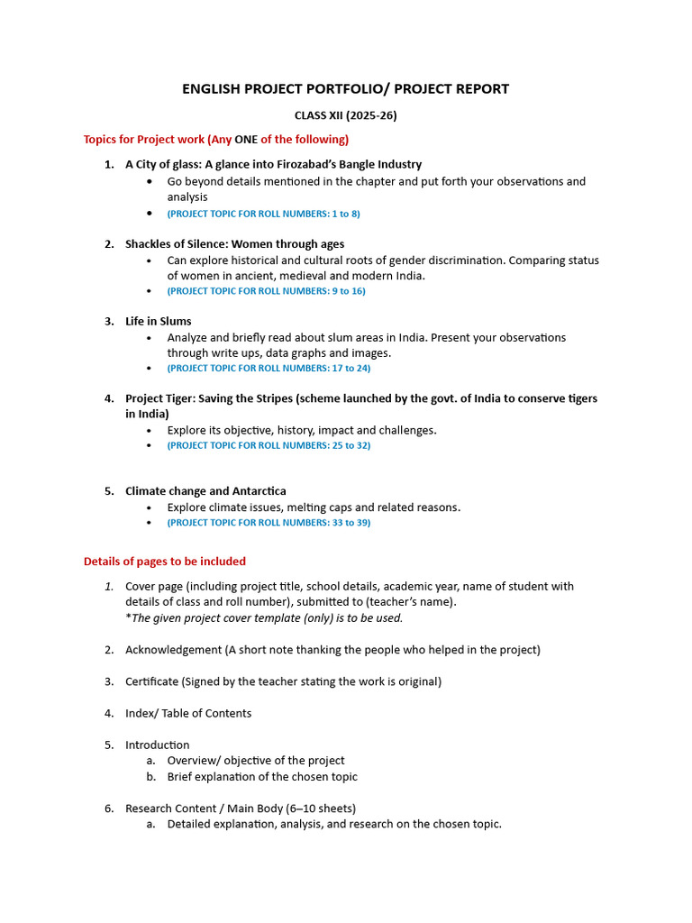 Class XII English Project Guidelines | PDF