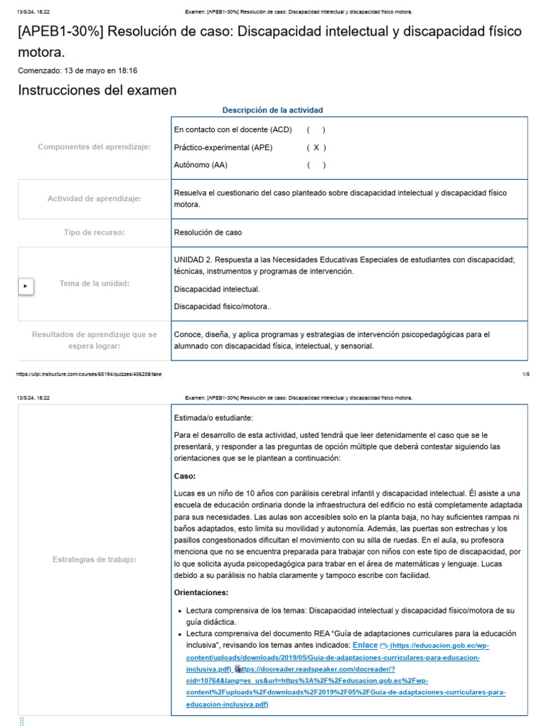 Examen - (APEB1-30%) Resolución de Caso - Discapacidad Intelectual y Discapacidad Físico Motora ...