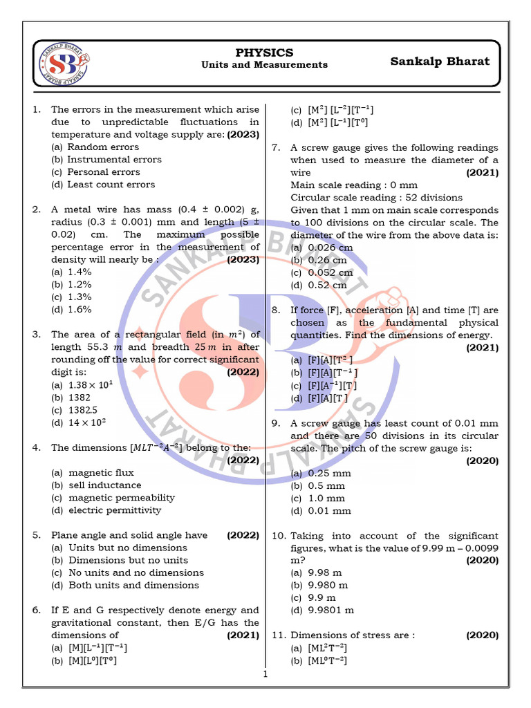 Physics Class 11 (SB) by (ABHI) 11 Years Pyq | PDF | Acceleration | Quantity